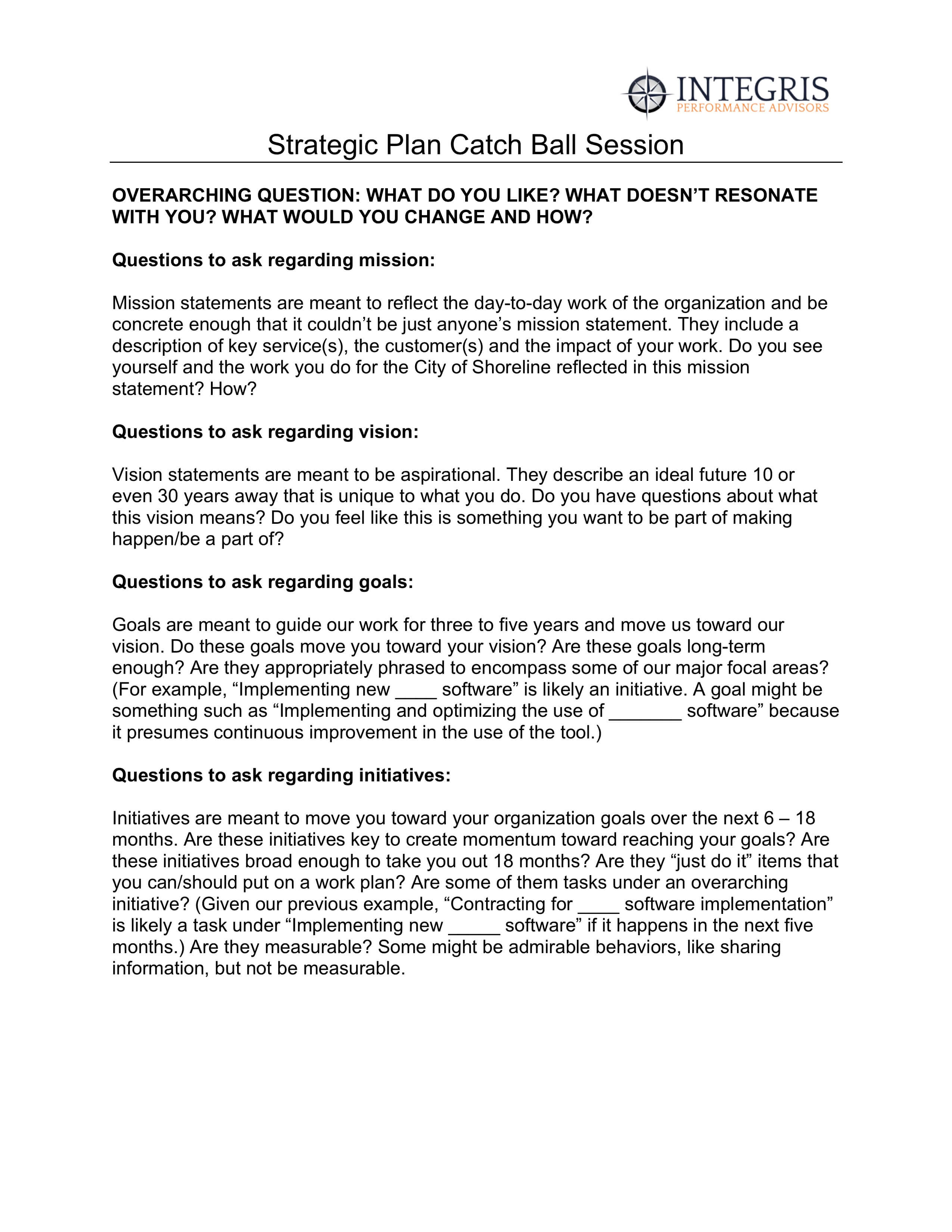 Sample Catch Ball Questions - Integris Performance Advisors